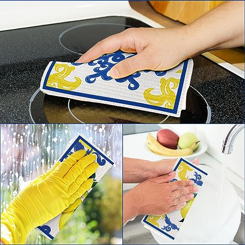 AnyDesign 6 Pack Lemon Swedish Dishcloth Blue White Tiles Lemon Kitchen Dish Towel Reusable Washable Cotton Kitchen Towel for Counter Cleaning Baking Cooking, 7 x 8 Inch