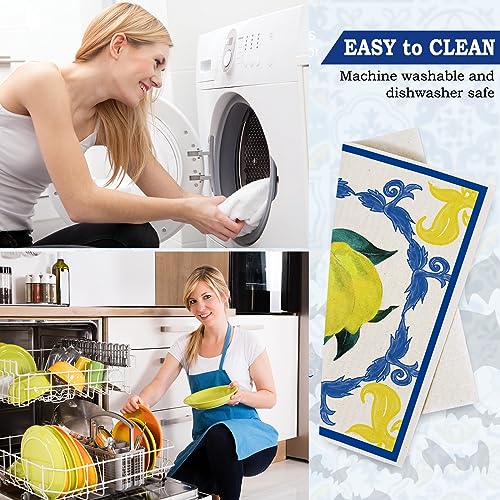 AnyDesign 6 Pack Lemon Swedish Dishcloth Blue White Tiles Lemon Kitchen Dish Towel Reusable Washable Cotton Kitchen Towel for Counter Cleaning Baking Cooking, 7 x 8 Inch