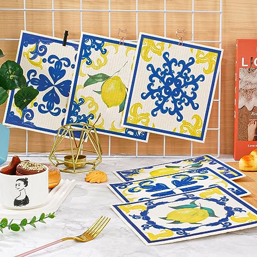 AnyDesign 6 Pack Lemon Swedish Dishcloth Blue White Tiles Lemon Kitchen Dish Towel Reusable Washable Cotton Kitchen Towel for Counter Cleaning Baking Cooking, 7 x 8 Inch