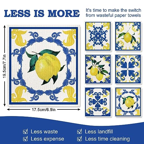 AnyDesign 6 Pack Lemon Swedish Dishcloth Blue White Tiles Lemon Kitchen Dish Towel Reusable Washable Cotton Kitchen Towel for Counter Cleaning Baking Cooking, 7 x 8 Inch