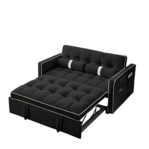 Modern 55.5" Pull Out Sleep Sofa Bed 2 Seater Loveseats Sofa Couch With Side Pockets, Adjsutable Backrest And Lumbar Pillows,For Bedrooms Easy To Assemble Wooden Noise Free Platform Bed Suitable