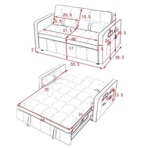 Modern 55.5" Pull Out Sleep Sofa Bed 2 Seater Loveseats Sofa Couch With Side Pockets, Adjsutable Backrest And Lumbar Pillows,For Bedrooms Easy To Assemble Wooden Noise Free Platform Bed Suitable