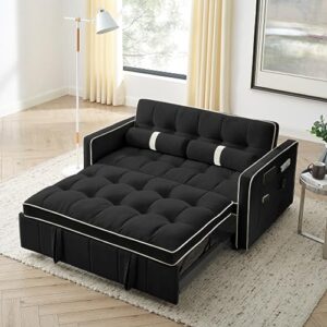 Modern 55.5" Pull Out Sleep Sofa Bed 2 Seater Loveseats Sofa Couch With Side Pockets, Adjsutable Backrest And Lumbar Pillows,For Bedrooms Easy To Assemble Wooden Noise Free Platform Bed Suitable