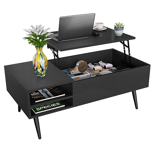 PayLessHere Lift Top Coffee Table with Adjustable Storage and Hidden Compartment Small Wood Coffee Table Center Table for Home Living Room Office Apartment Reception Room,Black