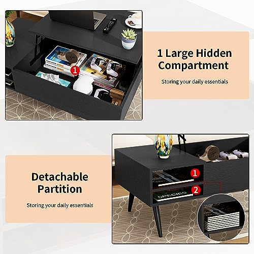 PayLessHere Lift Top Coffee Table with Adjustable Storage and Hidden Compartment Small Wood Coffee Table Center Table for Home Living Room Office Apartment Reception Room,Black