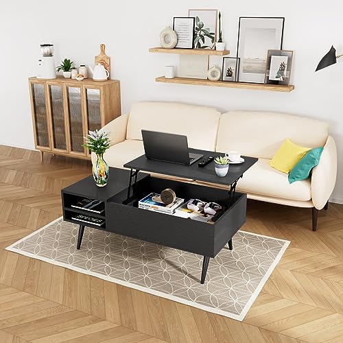 PayLessHere Lift Top Coffee Table with Adjustable Storage and Hidden Compartment Small Wood Coffee Table Center Table for Home Living Room Office Apartment Reception Room,Black