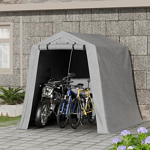 Greesum 6 x 6 x 7 ft Storage Shed Canopy Portable Shelter Heavy Duty Outdoor Carport with Roll-up Zipper Door for Bike, Motorcycle, Garden Storage, Waterproof and UV Resistant, Gray