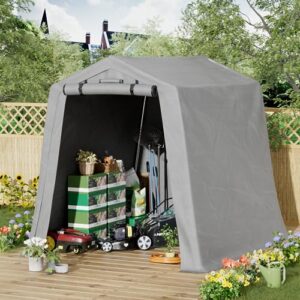 Greesum 6 x 6 x 7 ft Storage Shed Canopy Portable Shelter Heavy Duty Outdoor Carport with Roll-up Zipper Door for Bike, Motorcycle, Garden Storage, Waterproof and UV Resistant, Gray