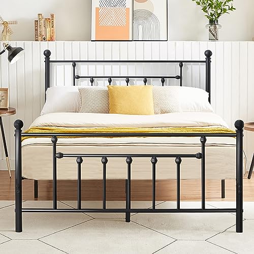 VECELO Full Size Metal Platform Bed Frame with Headboard and Footboard, Heavy Duty Slat Support/No Box Spring Needed Mattress Foundation/Underbed Storage Space, Victorian Style, Black