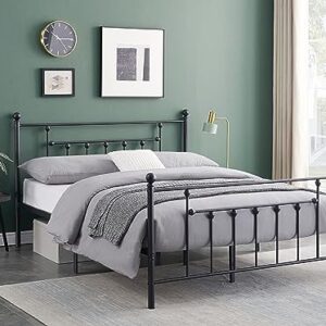 VECELO Full Size Metal Platform Bed Frame with Headboard and Footboard, Heavy Duty Slat Support/No Box Spring Needed Mattress Foundation/Underbed Storage Space, Victorian Style, Black