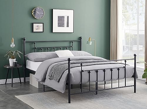 VECELO Full Size Metal Platform Bed Frame with Headboard and Footboard, Heavy Duty Slat Support/No Box Spring Needed Mattress Foundation/Underbed Storage Space, Victorian Style, Black