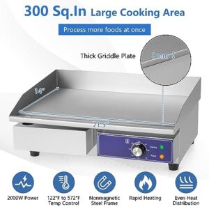 KOTEK Commercial Electric Griddle, 2000W 22” Flat Top Griddle, Stainless Steel Frame & Drip Tray, Adjustable Temperature Control 122℉-572℉, Countertop Teppanyaki Grill for Home, Kitchen, Restaurant