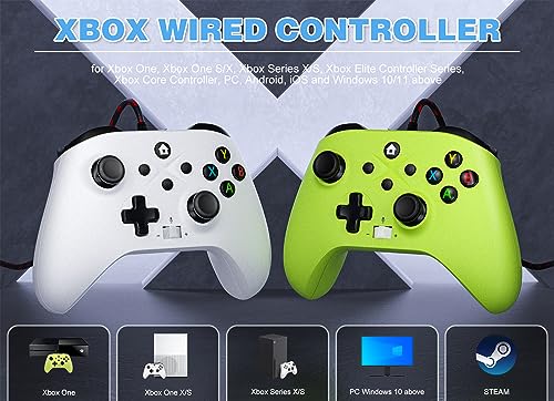 2 Pack Wired Controller Compatible with Xbox One S/X, Xbox Series X/S Windows 10/11 PC Gaming Controller with Audio Jack & Volume Button/Turbo/Macro/Motion Control & Dual Shock (White+Green)