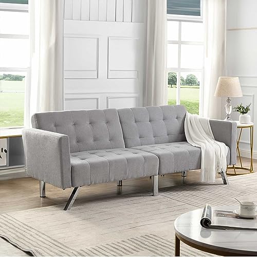 RIDFY 75” Modern Futon Sofa Bed, Convertible Sleeper Couch with Metal Legs/Armrests/Pillows, Folding Upholstered Loveseat, Lounge Sofa, Memory Foam Living Seat for Small Space/Office (Light Grey)