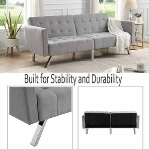 RIDFY 75” Modern Futon Sofa Bed, Convertible Sleeper Couch with Metal Legs/Armrests/Pillows, Folding Upholstered Loveseat, Lounge Sofa, Memory Foam Living Seat for Small Space/Office (Light Grey)