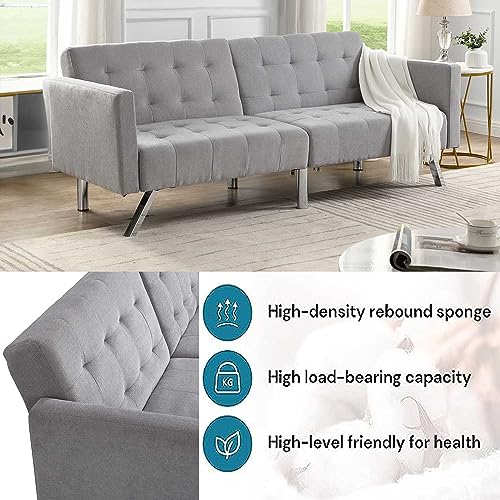 RIDFY 75” Modern Futon Sofa Bed, Convertible Sleeper Couch with Metal Legs/Armrests/Pillows, Folding Upholstered Loveseat, Lounge Sofa, Memory Foam Living Seat for Small Space/Office (Light Grey)