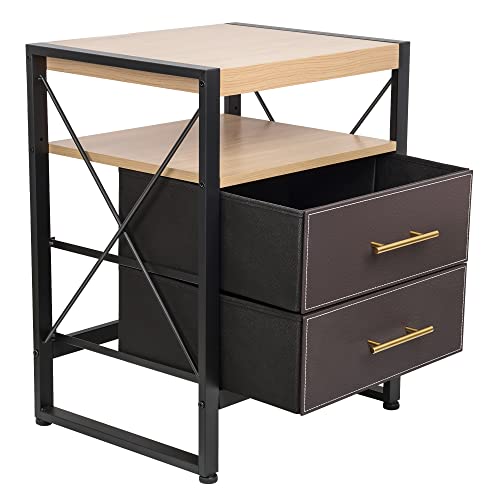 GAJUST End Table with 2 Drawers and Gold Pull Handle, Sturdy Metal Frame, Wood Top, Adjustable Legs