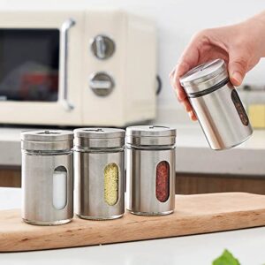 Glass and Stainless Steel Salt and Pepper Shakers - Powdered Sugar Duster with Pour Holes - Transparent Window Spice Container