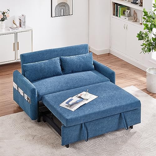 Verfur 3 in 1 Pull Out Sleeper Sofa Bed,Convertible Futon Couch with Adjustable Backrests, Modern Microfiber Loveseat with 6 Pockets and Pillows, Small Love Seat for Living, Guest Room,Office, Blue