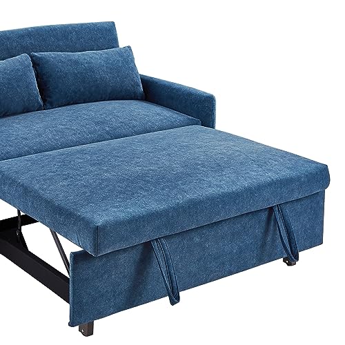 Verfur 3 in 1 Pull Out Sleeper Sofa Bed,Convertible Futon Couch with Adjustable Backrests, Modern Microfiber Loveseat with 6 Pockets and Pillows, Small Love Seat for Living, Guest Room,Office, Blue