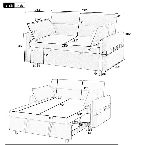 Verfur 3 in 1 Pull Out Sleeper Sofa Bed,Convertible Futon Couch with Adjustable Backrests, Modern Microfiber Loveseat with 6 Pockets and Pillows, Small Love Seat for Living, Guest Room,Office, Blue