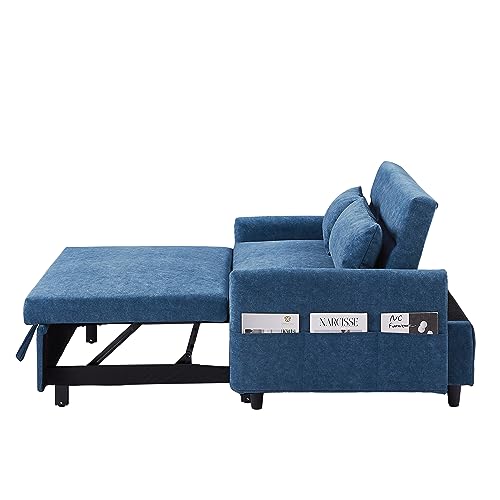 Verfur 3 in 1 Pull Out Sleeper Sofa Bed,Convertible Futon Couch with Adjustable Backrests, Modern Microfiber Loveseat with 6 Pockets and Pillows, Small Love Seat for Living, Guest Room,Office, Blue