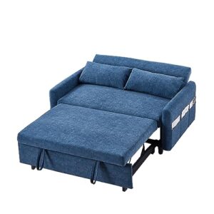 Verfur 3 in 1 Pull Out Sleeper Sofa Bed,Convertible Futon Couch with Adjustable Backrests, Modern Microfiber Loveseat with 6 Pockets and Pillows, Small Love Seat for Living, Guest Room,Office, Blue