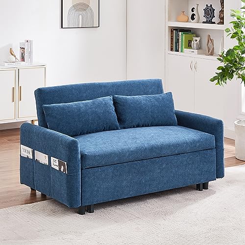 Verfur 3 in 1 Pull Out Sleeper Sofa Bed,Convertible Futon Couch with Adjustable Backrests, Modern Microfiber Loveseat with 6 Pockets and Pillows, Small Love Seat for Living, Guest Room,Office, Blue