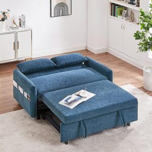 Verfur 3 in 1 Pull Out Sleeper Sofa Bed,Convertible Futon Couch with Adjustable Backrests, Modern Microfiber Loveseat with 6 Pockets and Pillows, Small Love Seat for Living, Guest Room,Office, Blue