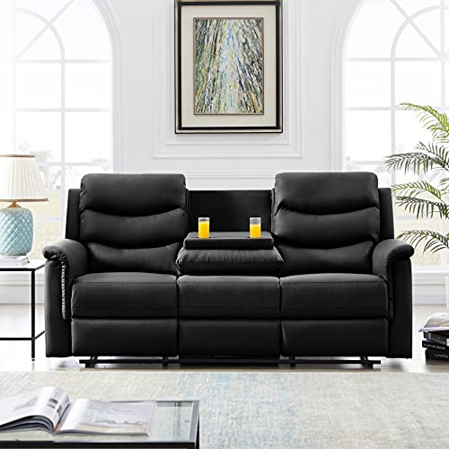 Faux Leather Upholstered Manual Motion Reclining 3 Seaters Sofa Couch with 2 Cup Holders and Two Recliner Chaise ,PU Wall Hugger Sofa & Couch for Home Theater Apartment RV Living Room Furniture Sets