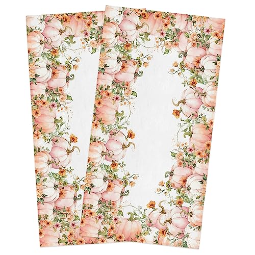 Segard Kitchen Towels Dish Towel Set of 2,Thanksgiving Pink Gradient Pumpkins Absorbent Hand Towels Cleaning Dishcloth Tea Towels,Fall Watercolor Farm Flowers Reusable Drying Dish Cloths