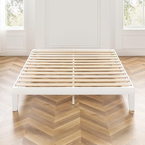 Mellow Naturalista Classic 12 Inch Solid Wood Platform Bed with Wooden Slats, King, White