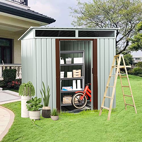 RITSU 6ft x 5ft Outdoor Metal Storage Shed, Outdoor Storage Shed with Lockable Sliding Doors, Floor Frame, Sun Protection, Waterproof Tool Storage Shed for Patio, Lawn,Backyard, White