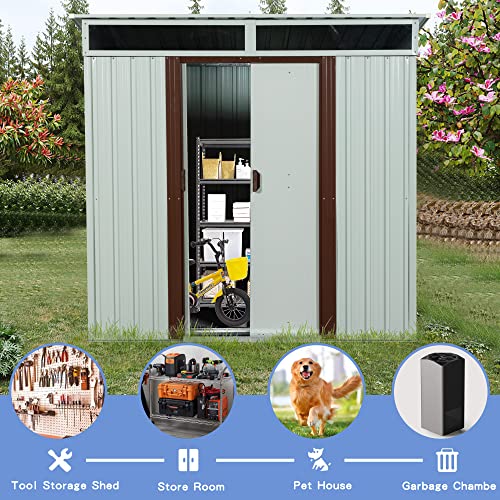 RITSU 6ft x 5ft Outdoor Metal Storage Shed, Outdoor Storage Shed with Lockable Sliding Doors, Floor Frame, Sun Protection, Waterproof Tool Storage Shed for Patio, Lawn,Backyard, White