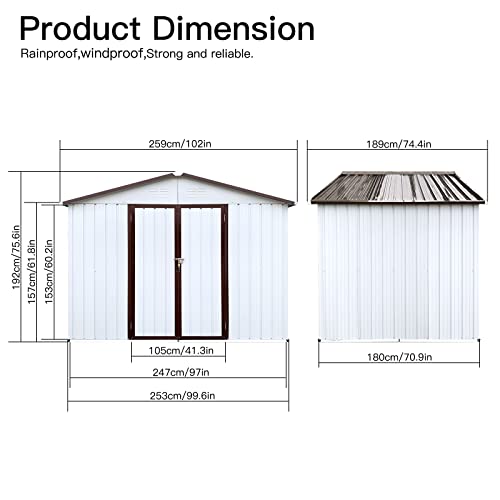 RITSU 6Ft x 8Ft Metal Sheds & Outdoor Storage Clearance, Outdoor Storage Cabinet with Lockable Double Doors & Shutter Vents for Backyard Patio Lawn, White+Coffee