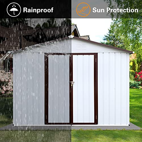 RITSU 6Ft x 8Ft Metal Sheds & Outdoor Storage Clearance, Outdoor Storage Cabinet with Lockable Double Doors & Shutter Vents for Backyard Patio Lawn, White+Coffee