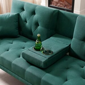 Verfur Linen Upholstered Futon Sofa Bed with 2 Cup Holders,Button Tufted Convertible Folding Loveseat Couch,Small Lounger Sofa & Couch for Compact Living Spaces,Apartment, 75.59", Green