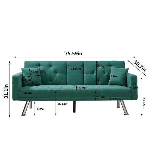 Verfur Linen Upholstered Futon Sofa Bed with 2 Cup Holders,Button Tufted Convertible Folding Loveseat Couch,Small Lounger Sofa & Couch for Compact Living Spaces,Apartment, 75.59", Green