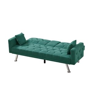 Verfur Linen Upholstered Futon Sofa Bed with 2 Cup Holders,Button Tufted Convertible Folding Loveseat Couch,Small Lounger Sofa & Couch for Compact Living Spaces,Apartment, 75.59", Green