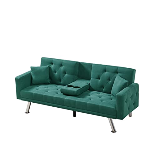 Verfur Linen Upholstered Futon Sofa Bed with 2 Cup Holders,Button Tufted Convertible Folding Loveseat Couch,Small Lounger Sofa & Couch for Compact Living Spaces,Apartment, 75.59", Green