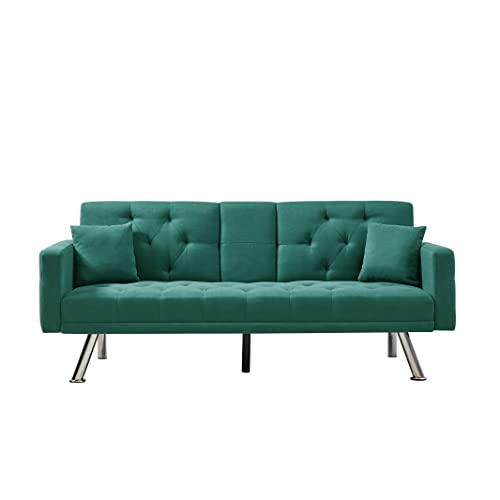 Verfur Linen Upholstered Futon Sofa Bed with 2 Cup Holders,Button Tufted Convertible Folding Loveseat Couch,Small Lounger Sofa & Couch for Compact Living Spaces,Apartment, 75.59", Green