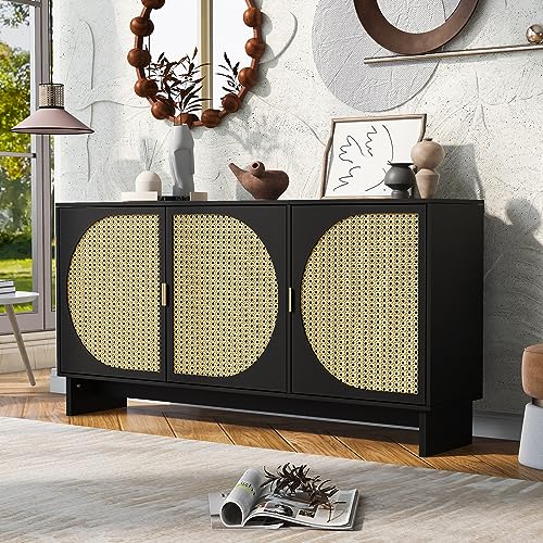 Rattan Sideboard Buffet Storage Cabinet, Mid Century Modern Entryway Table Console Cabinet Wood Accent Cabinet with Adjustable Shelves with Metal Handles for Living Room Dining Room Hallway, Black