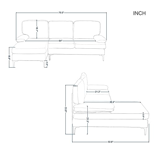 FULife Modern Convertible L-Shaped Corner Sofa for Living Room,Upholstered Accent Modular Sectionals Sofá Couch Bed for Home Office, Dark Gray with Chaise Lounge&Detachable Pillow-Top Armrest