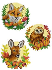 counted cross-stitch kit on plastic canvas with forest animals. 3 cute ornaments different dimensions 142cs. marvelous for art & craft amateurs