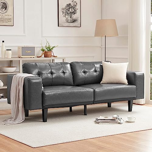 AYEASY Faux Leather Sofa, 79" W Mid Century Modern Couch, Oversized Loveseat Large Classic Living Room Sofa, Deep Seated Leather Sofa with Solid Wood Legs for Bedroom Office Apartment, Grey