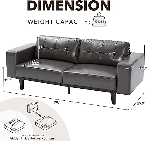 AYEASY Faux Leather Sofa, 79" W Mid Century Modern Couch, Oversized Loveseat Large Classic Living Room Sofa, Deep Seated Leather Sofa with Solid Wood Legs for Bedroom Office Apartment, Grey