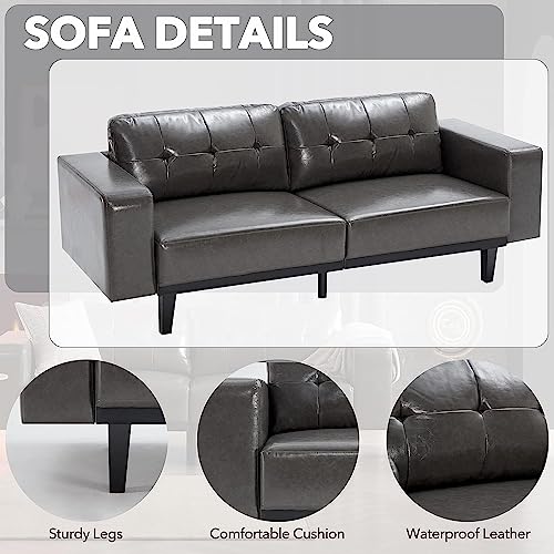 AYEASY Faux Leather Sofa, 79" W Mid Century Modern Couch, Oversized Loveseat Large Classic Living Room Sofa, Deep Seated Leather Sofa with Solid Wood Legs for Bedroom Office Apartment, Grey