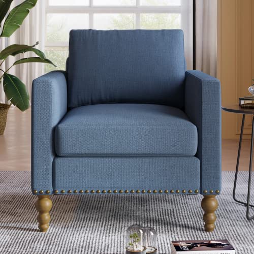 TAIGR Classic Linen Armchair Accent Chair with Bronze Nailhead Trim Wooden Legs Single Sofa Couch for Living Room, Bedroom, Balcony, Navy Blue