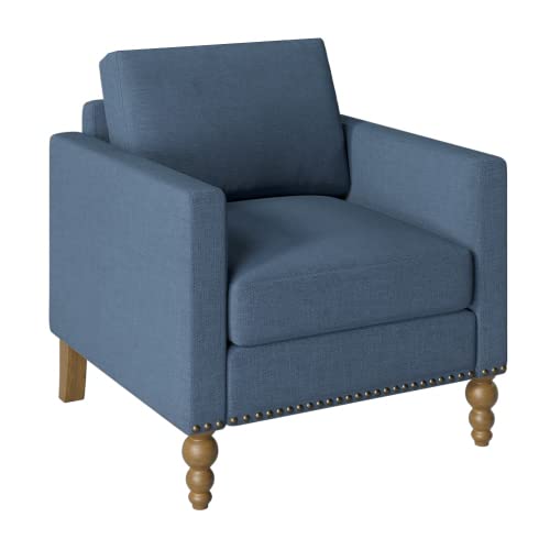 TAIGR Classic Linen Armchair Accent Chair with Bronze Nailhead Trim Wooden Legs Single Sofa Couch for Living Room, Bedroom, Balcony, Navy Blue