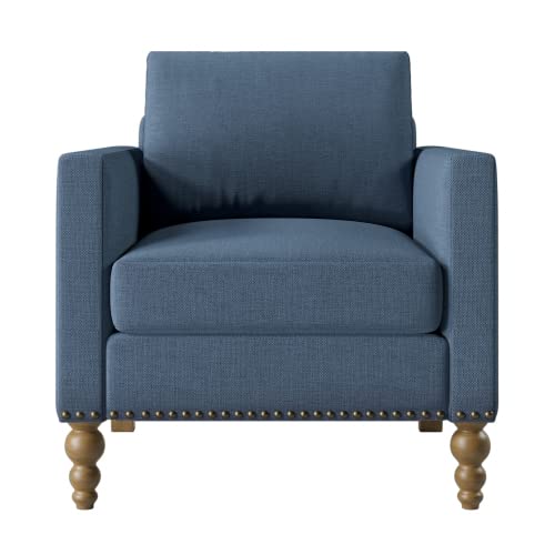 TAIGR Classic Linen Armchair Accent Chair with Bronze Nailhead Trim Wooden Legs Single Sofa Couch for Living Room, Bedroom, Balcony, Navy Blue